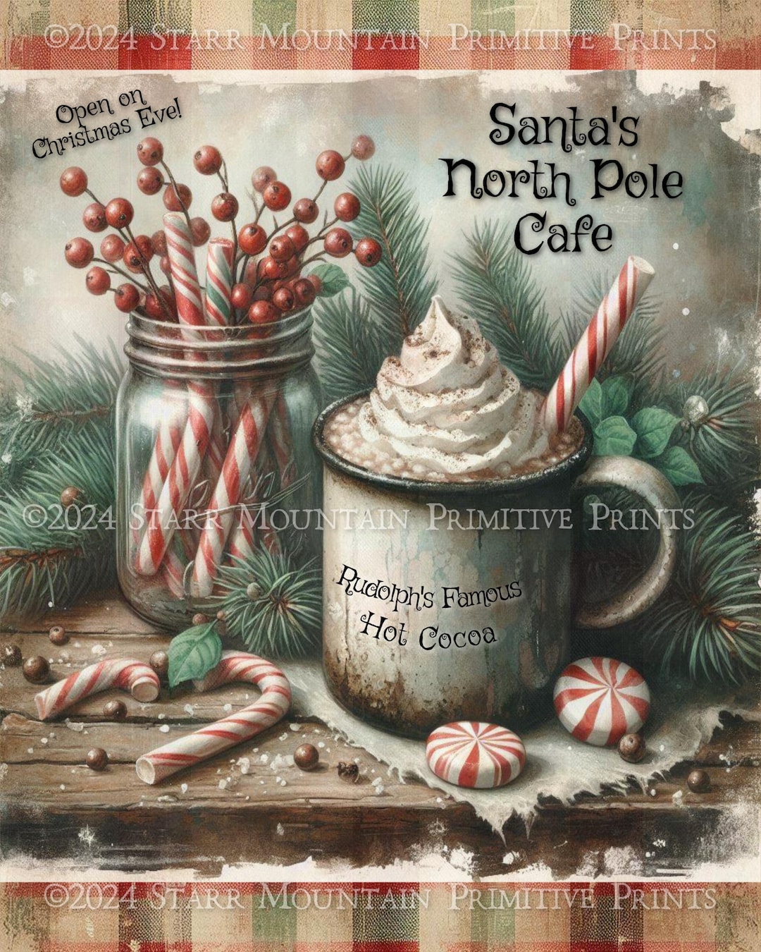 Primitive Farmhouse Hot Cocoa Chocolate Christmas Berries Peppermint ...