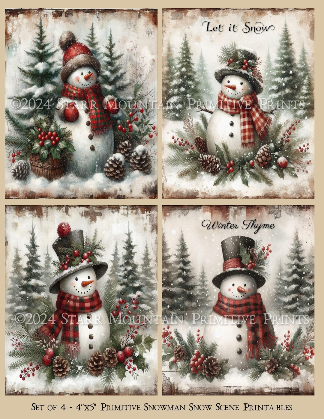 Primitive Farmhouse Winter Snowman Christmas Greenery Snow Set of 4 4x5 ...