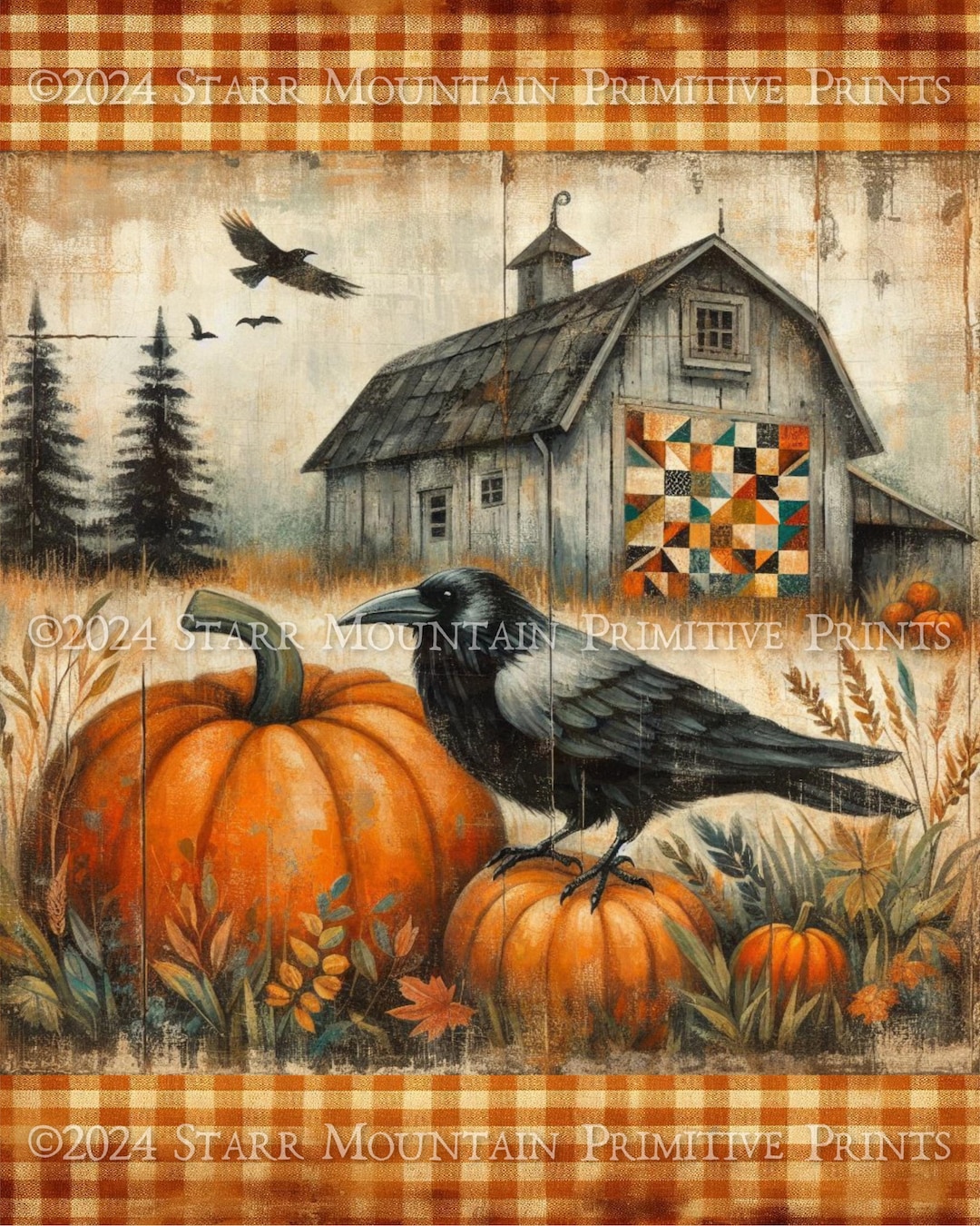 Primitive Fall Autumn Raven Crow Pumpkin Meadow Barn Quilt Printable ...