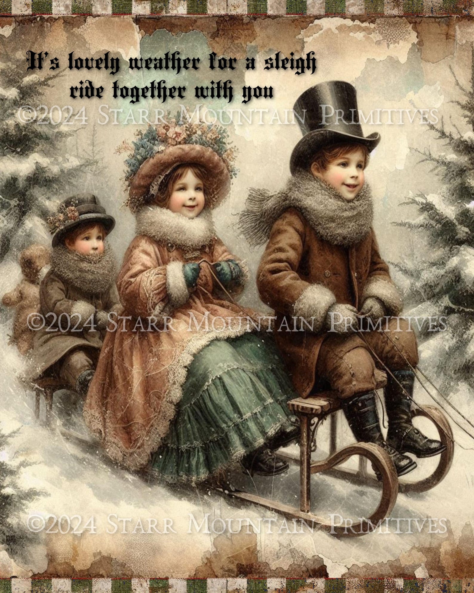 Primitive Victorian Children Sledding Sleigh Ride Printable Jpeg ...