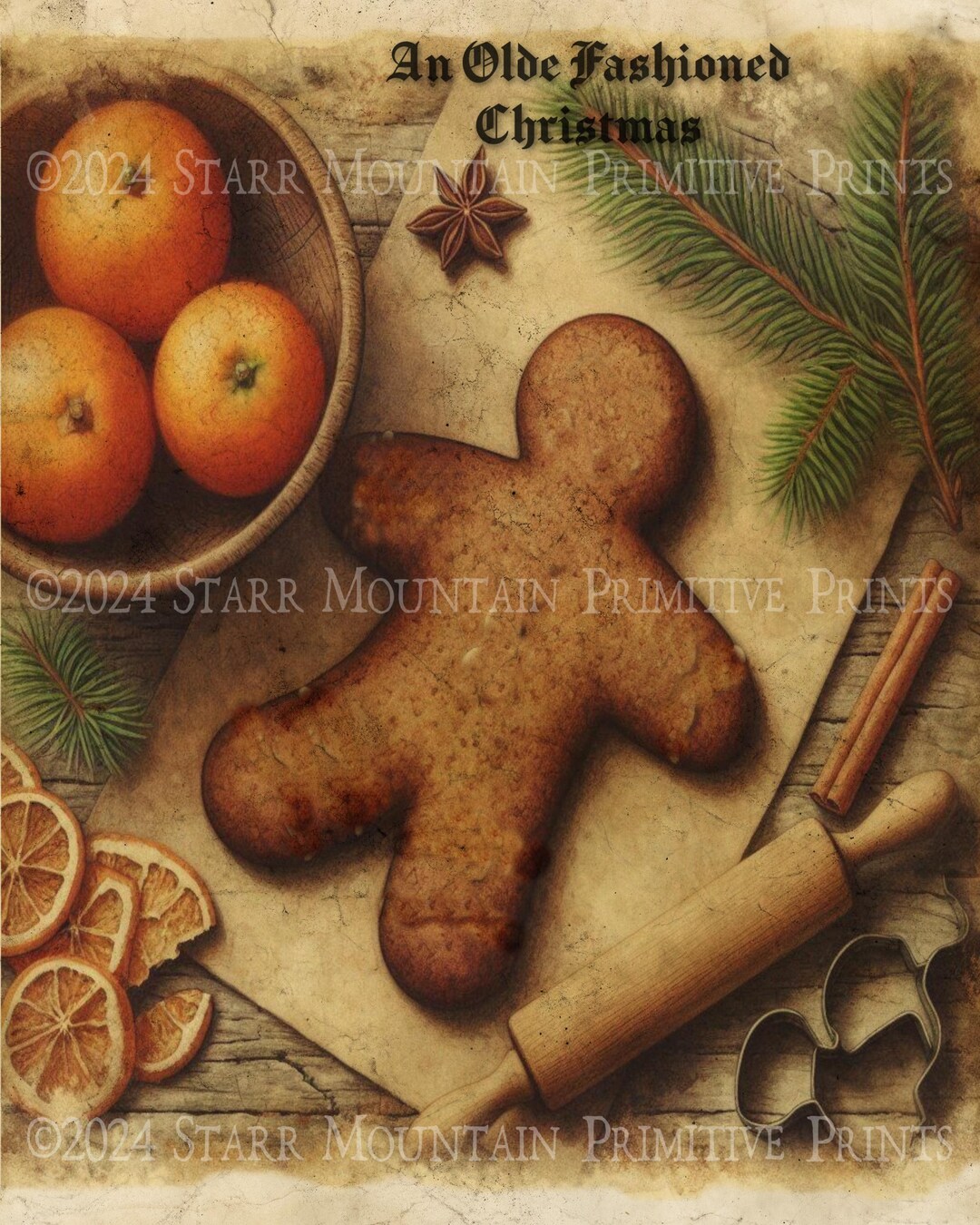 Primitive Vintage Gingerbread Man Olde Fashioned Christmas Pine Orange ...