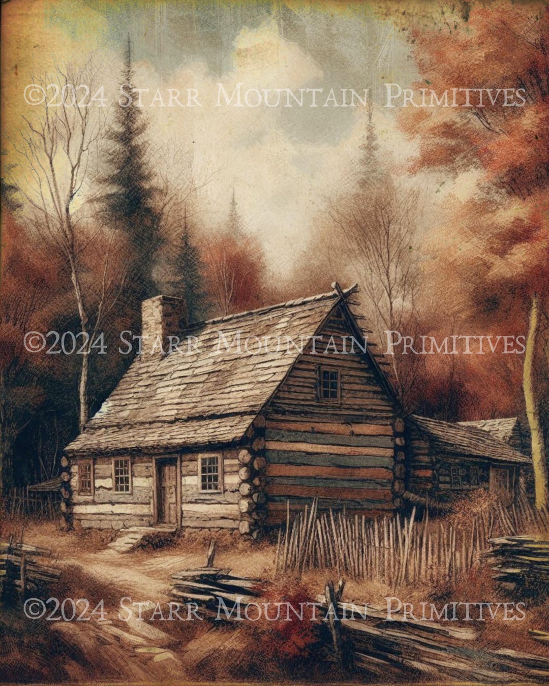 Primitive Historic Antique Log Cabin Print Homestead Settlement Label ...
