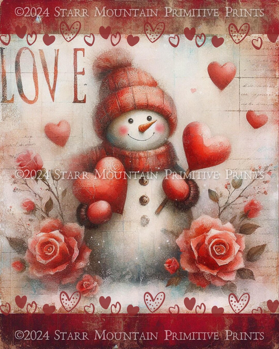 Primitive Farmhouse Snowman Winter Valentines Heart Printable Jpeg ...