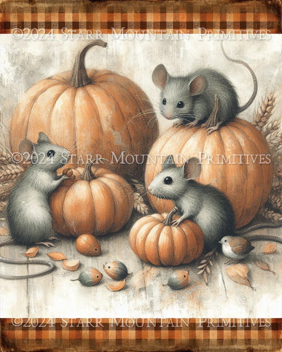 Primitive Farmhouse Fall Autumn Mouse Mice Pumpkins Gingham 8x10 ...