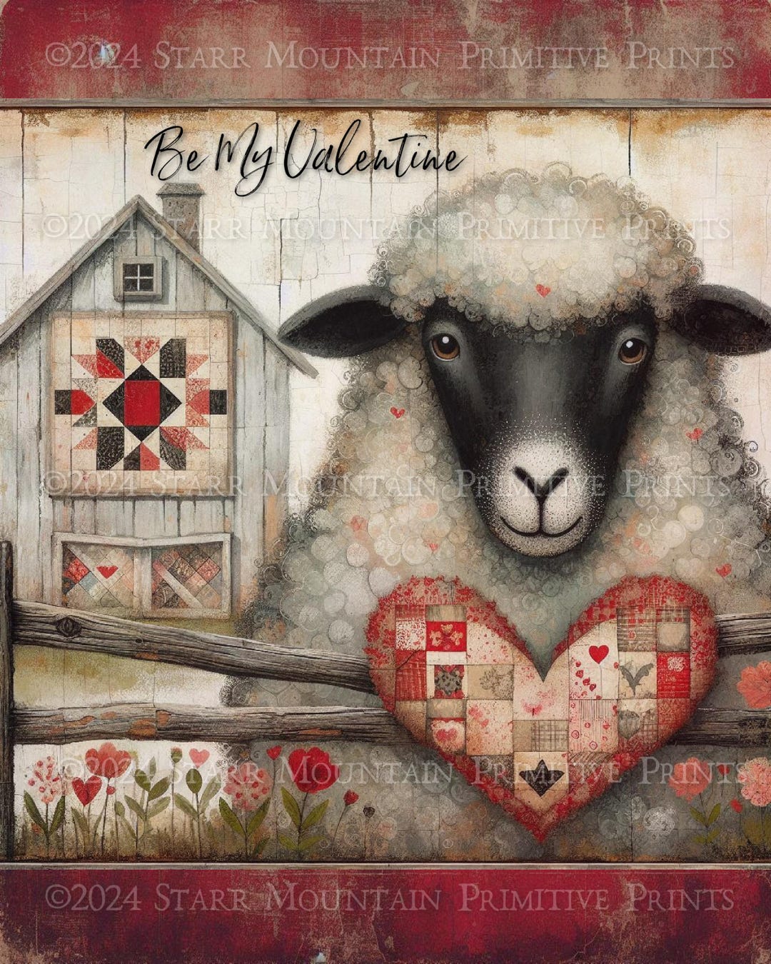 Primitive Folk Art Valentine's Day Sheep Barn Quilt Hearts 8x10 Digital ...