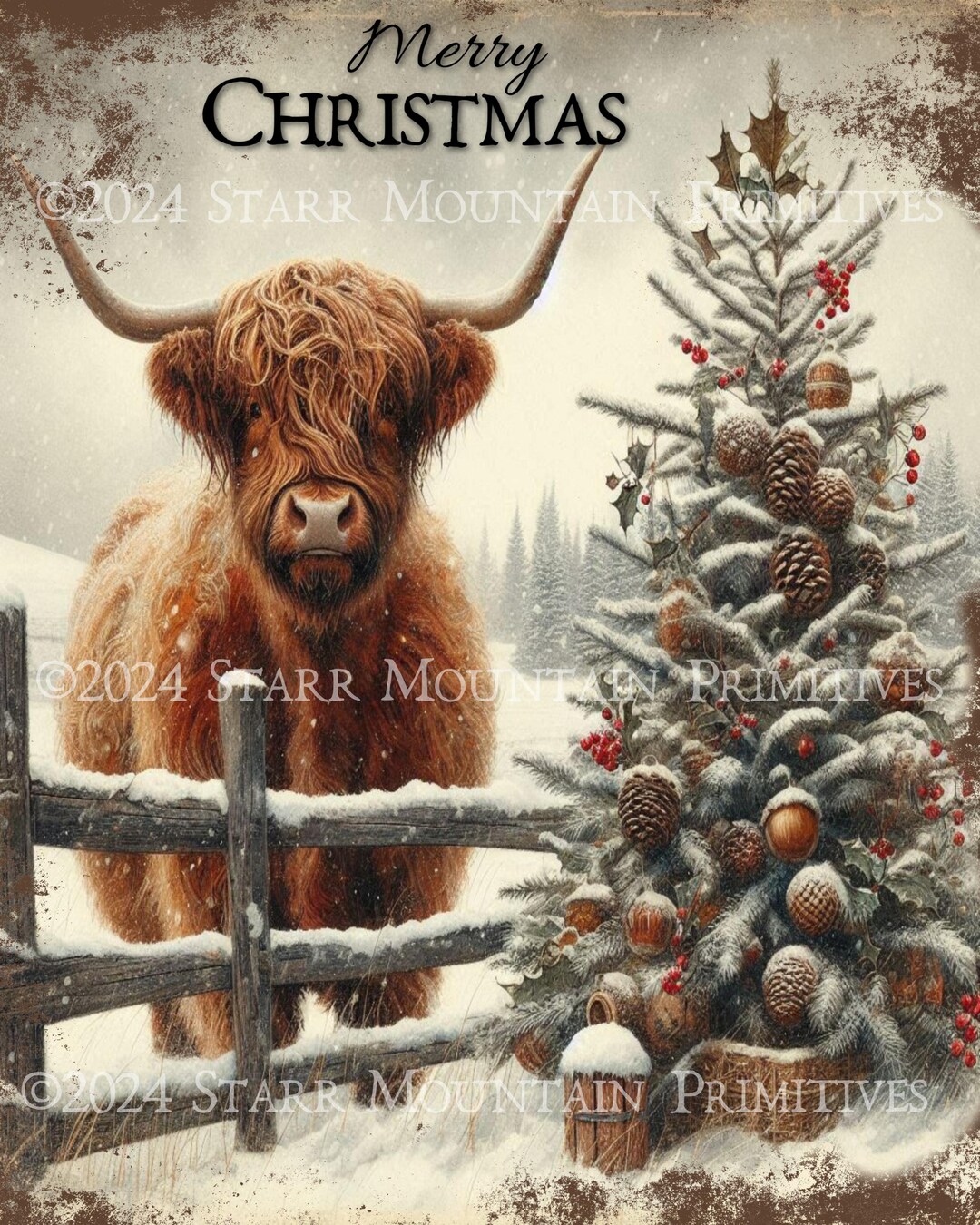 Primitive Farmhouse Christmas Highland Cow Tree Holly Berries Snow ...