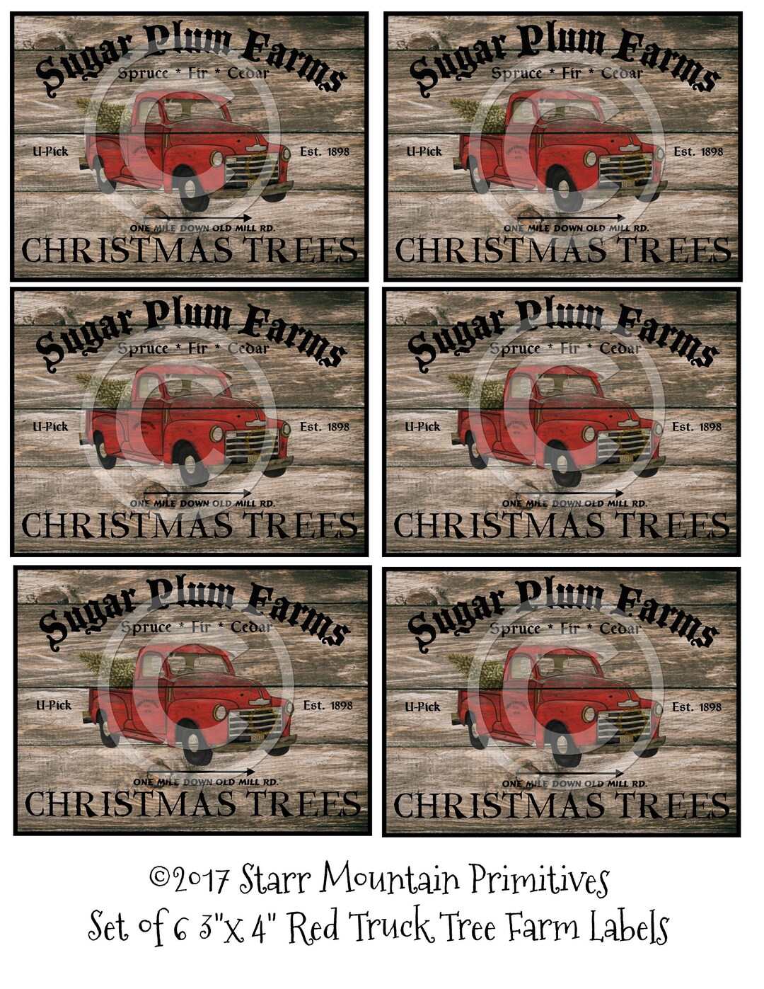 Primitive Christmas Red Truck Tree Farm 3x4 Set of 6 Labels Jpeg ...