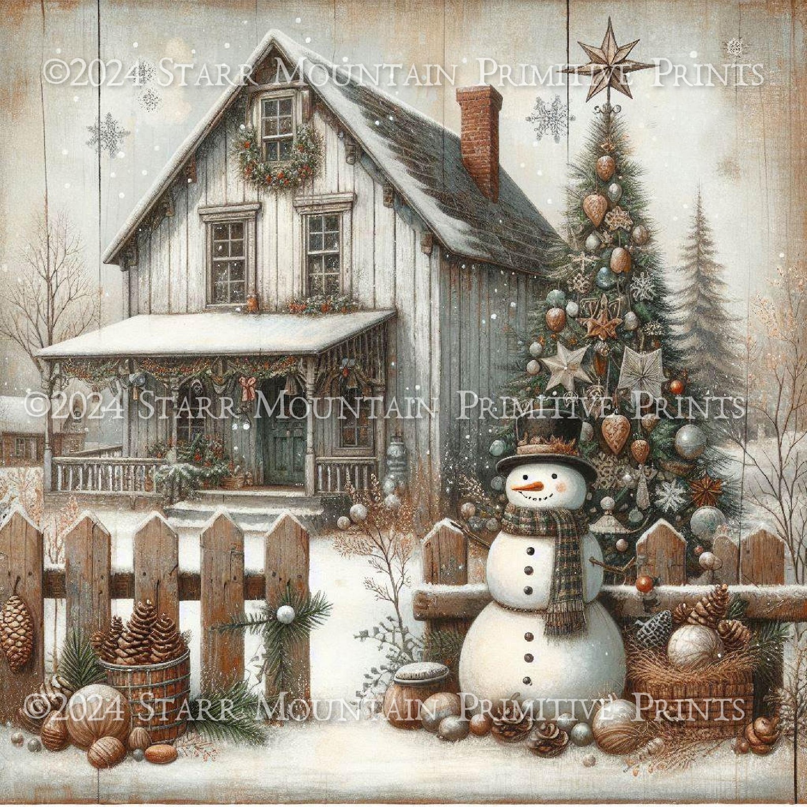 Primitive Farmhouse Winter Christmas Tree Snowman Printable 8x8 Jpeg ...