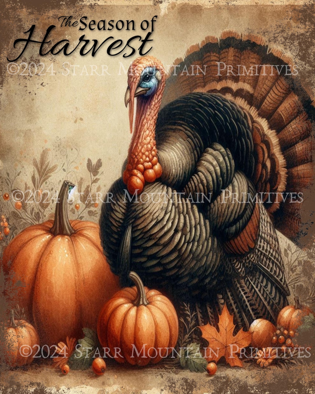 Primitive Fall Thanksgiving Pumpkins Turkey Season of Harvest Print ...