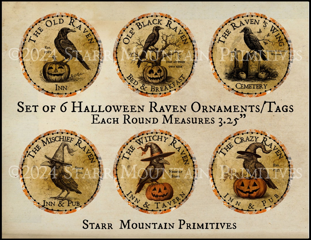 Primitive Farmhouse Vintage Damask Halloween Raven Crow Pumpkin Set of ...