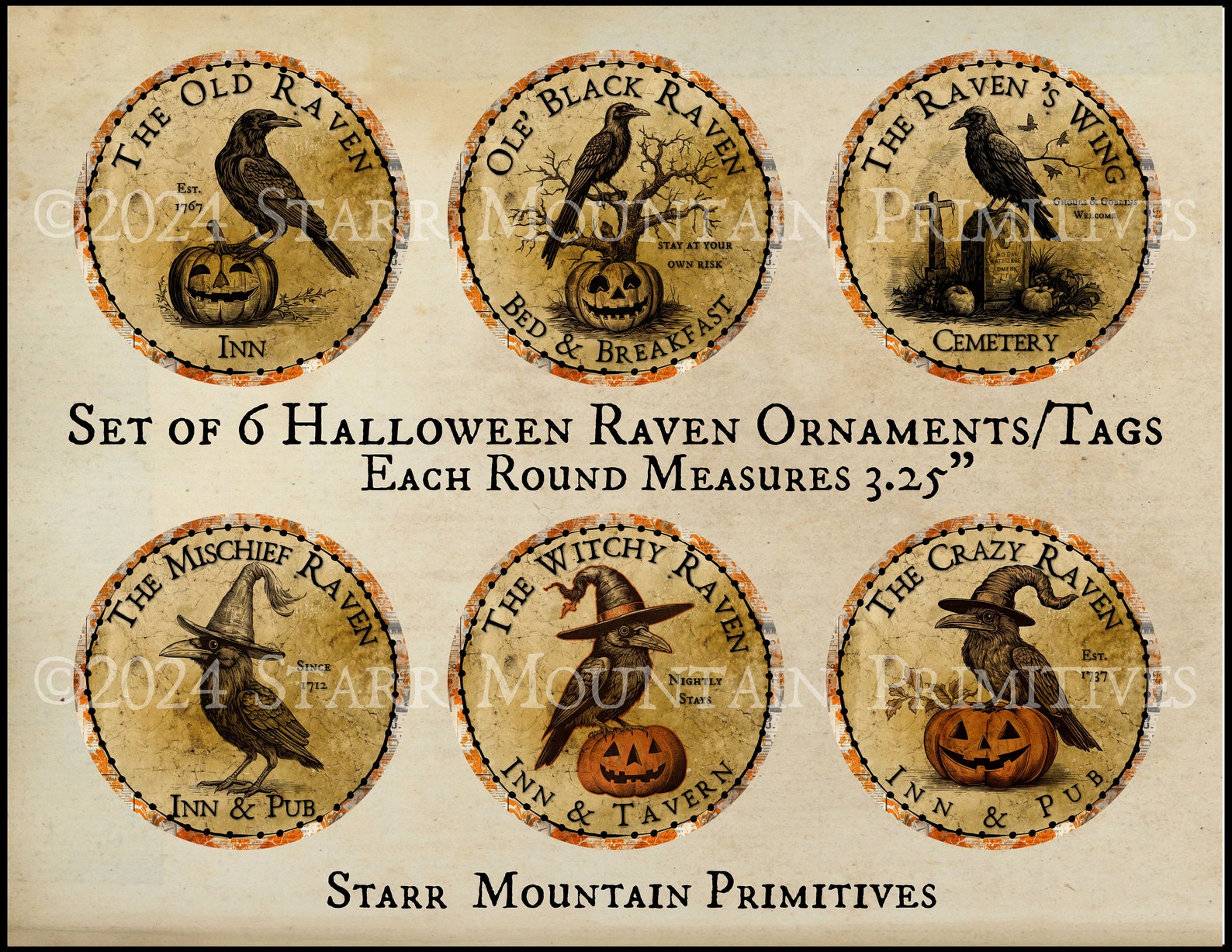 Primitive Farmhouse Vintage Damask Halloween Raven Crow Pumpkin Set of ...