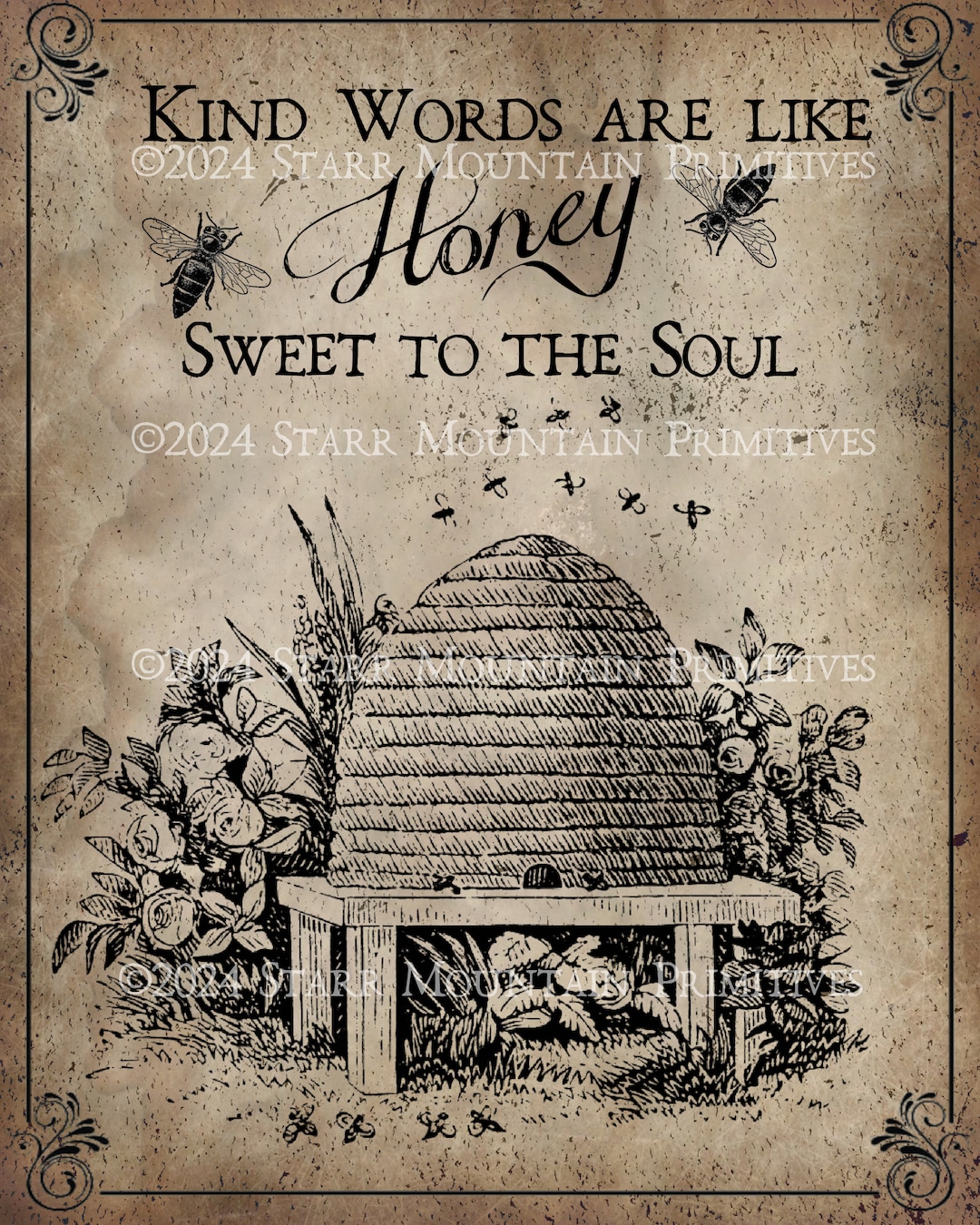 Primitive Bee Skep Honey Bee Saying Kind Words Like Honey Sweet to the ...