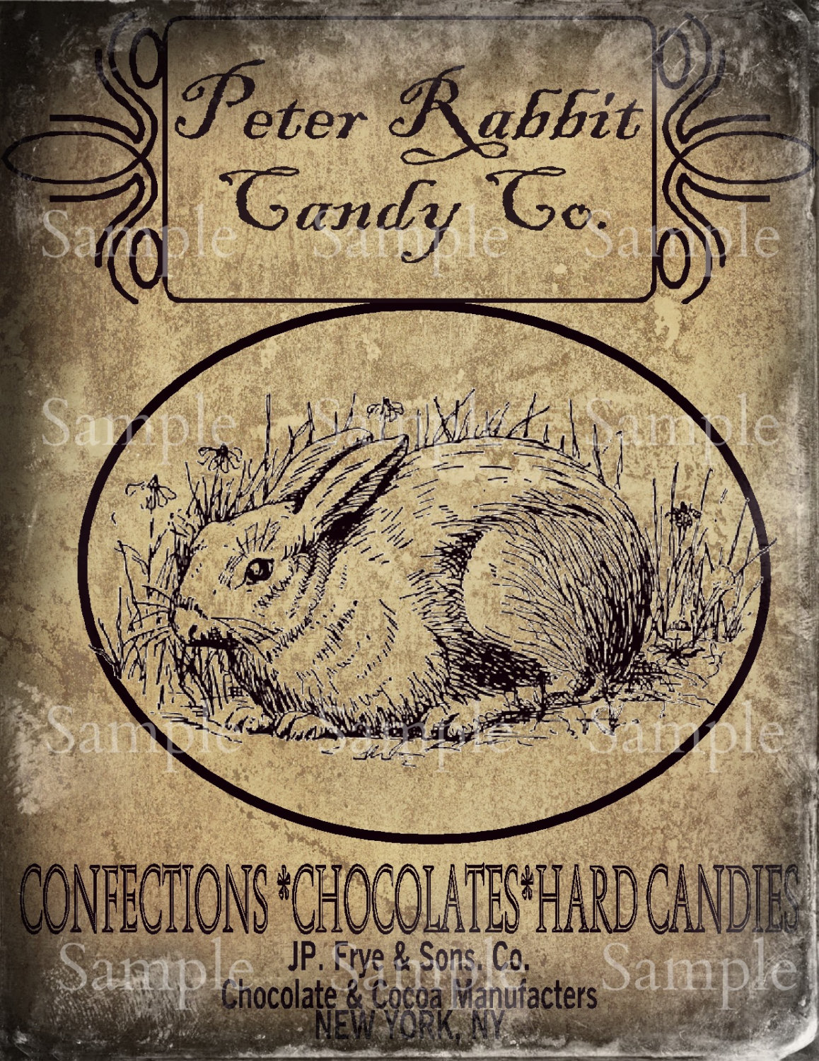 Primitive Chocolate Bunny Rabbit Feedsack Logo Pantry Jar Crock Crate ...
