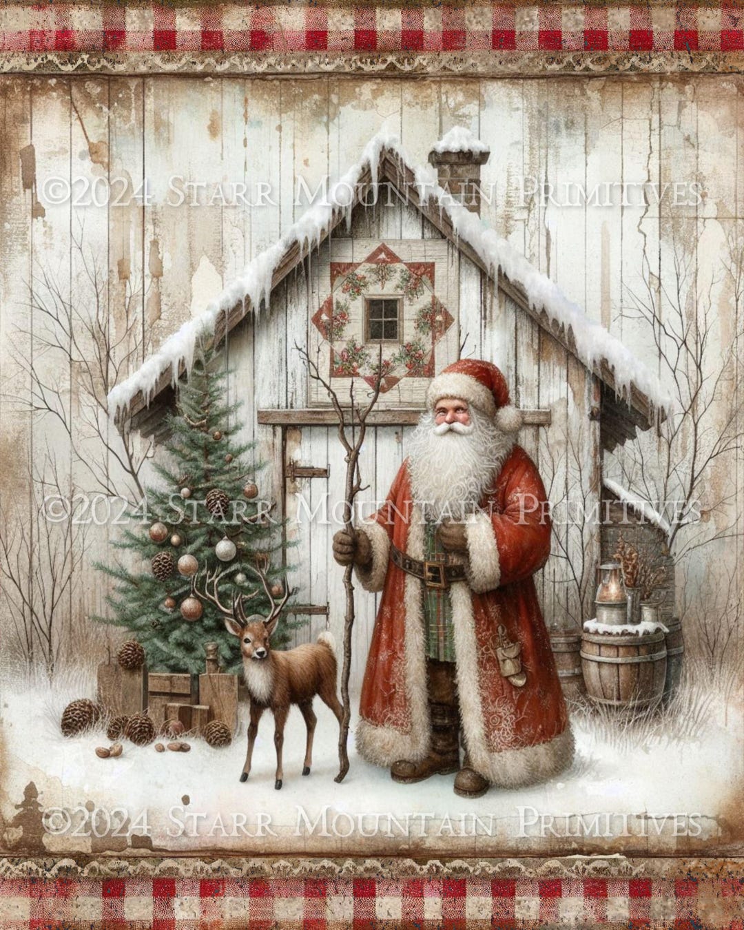 Primitive Farmhouse Christmas Old World Woodland Santa Claus Reindeer ...