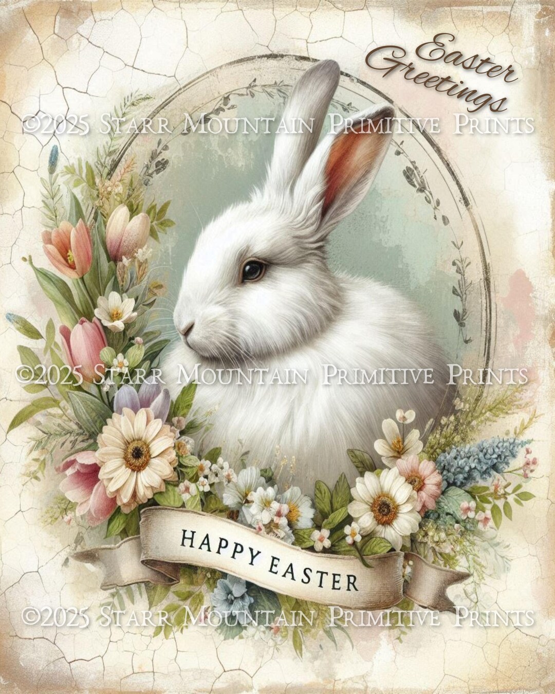 Primitive Vintage Easter Greetings Postcard Bunny Rabbit Printable Jpeg ...