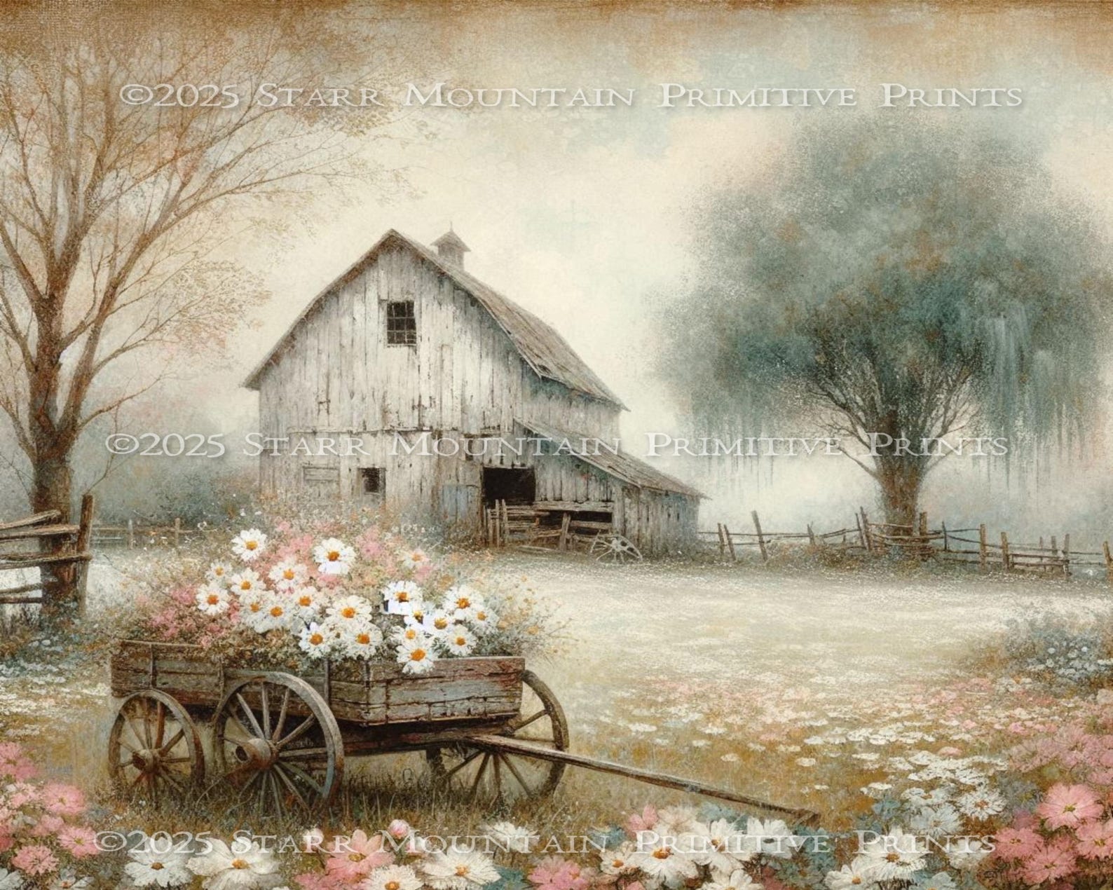 Primitive Farmhouse Spring Barn Wagon Flowers Still Life Wall Art ...