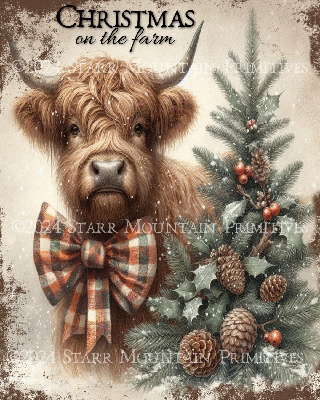 Primitive Farmhouse Christmas on Farm Highland Cow Tree Holly Berry ...
