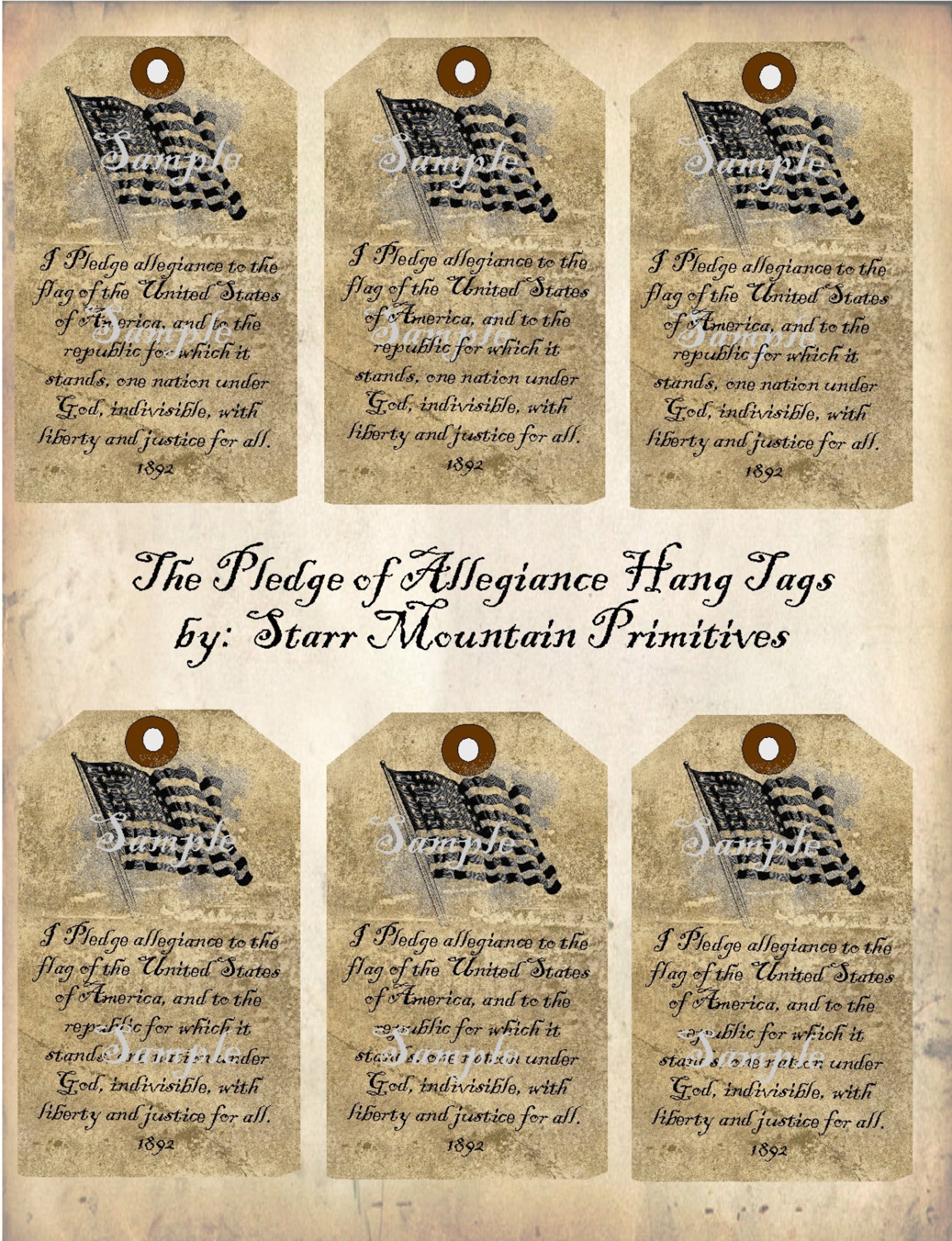 Primitive Pledge of Allegiance American Flag Jpeg Digital Stamp Hang ...