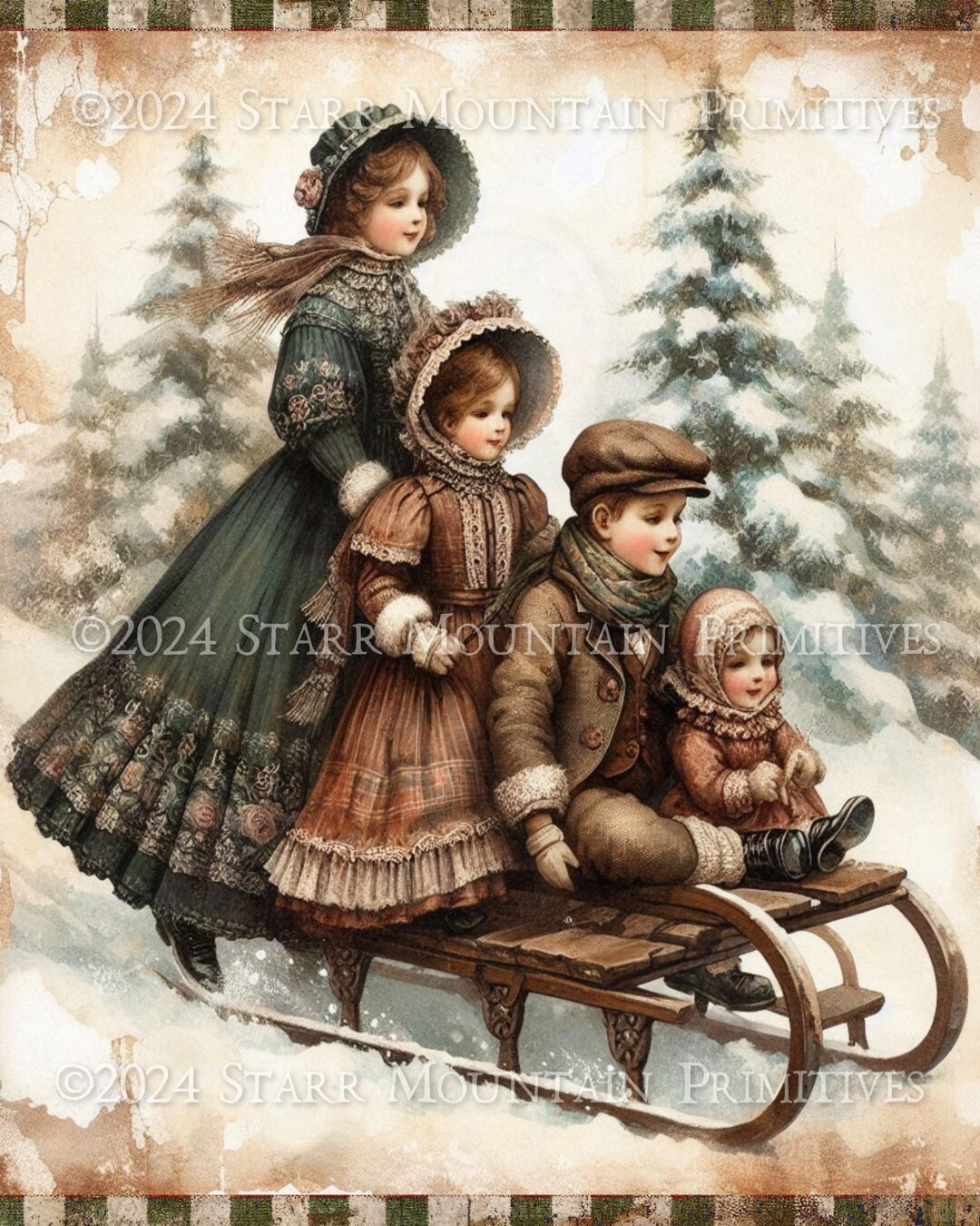 Primitive Victorian Children Sledding Sleigh Ride Printable Jpeg ...
