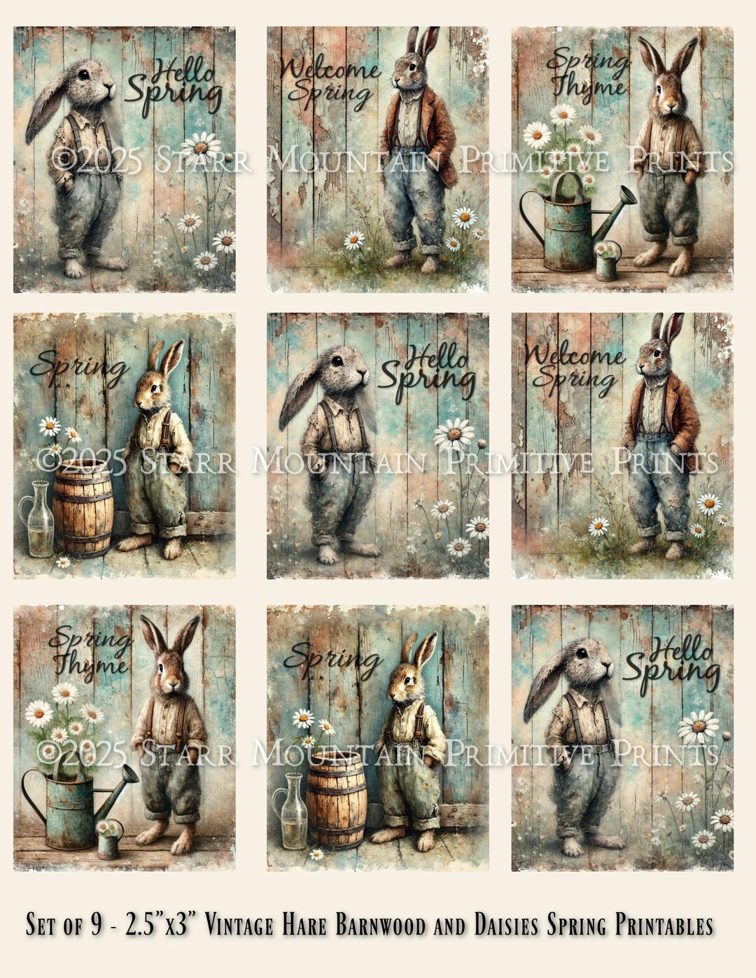 Primitive Farmhouse Spring Hare Rabbit Barnwood Daisies Set 9, 2.5x3 ...
