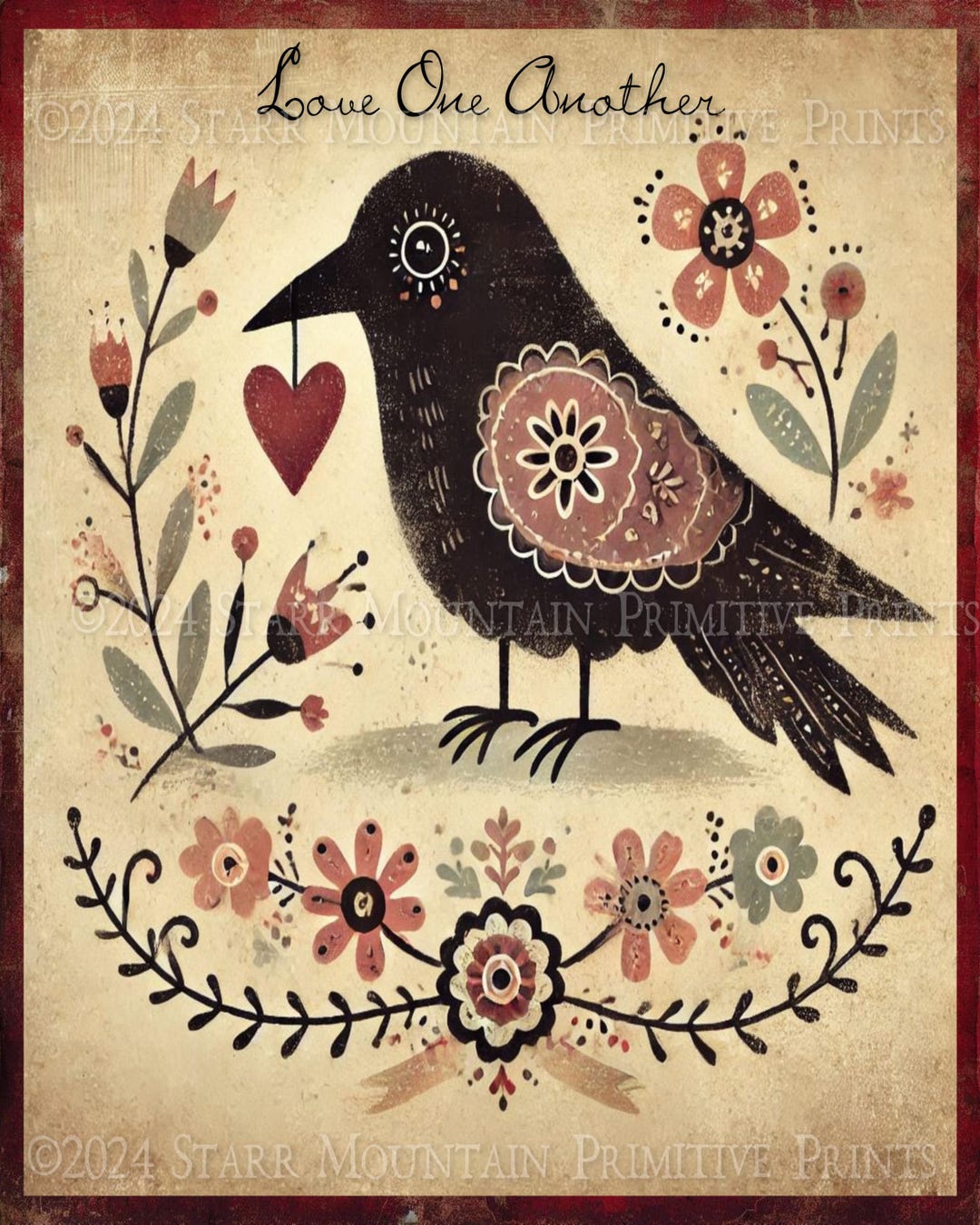 8x10 Primitive Folk Art Valentine's Day Crow Black Bird Heart Digital ...