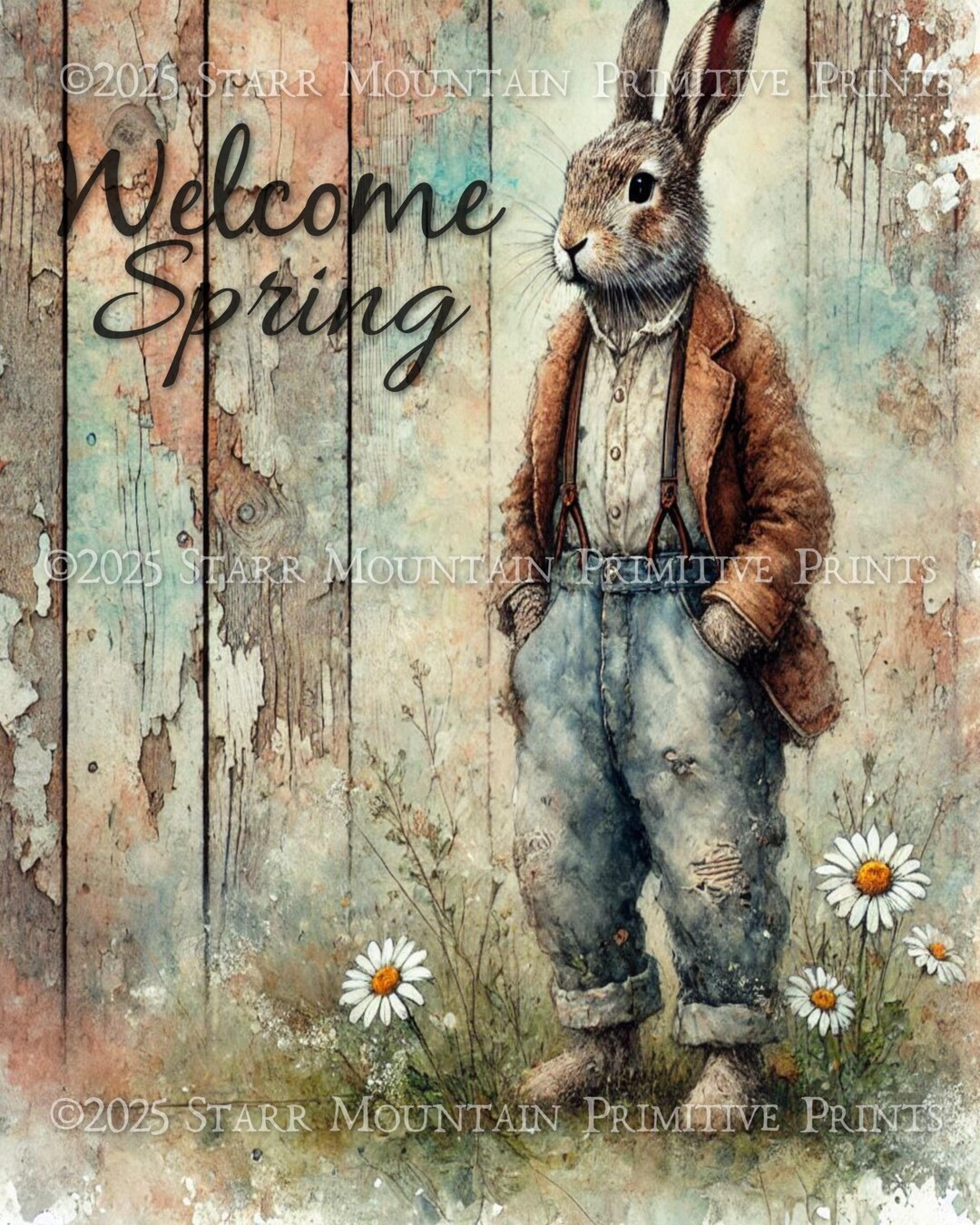 Primitive Farmhouse Spring Hare Rabbit Barnwood Daisies Printable Jpeg ...