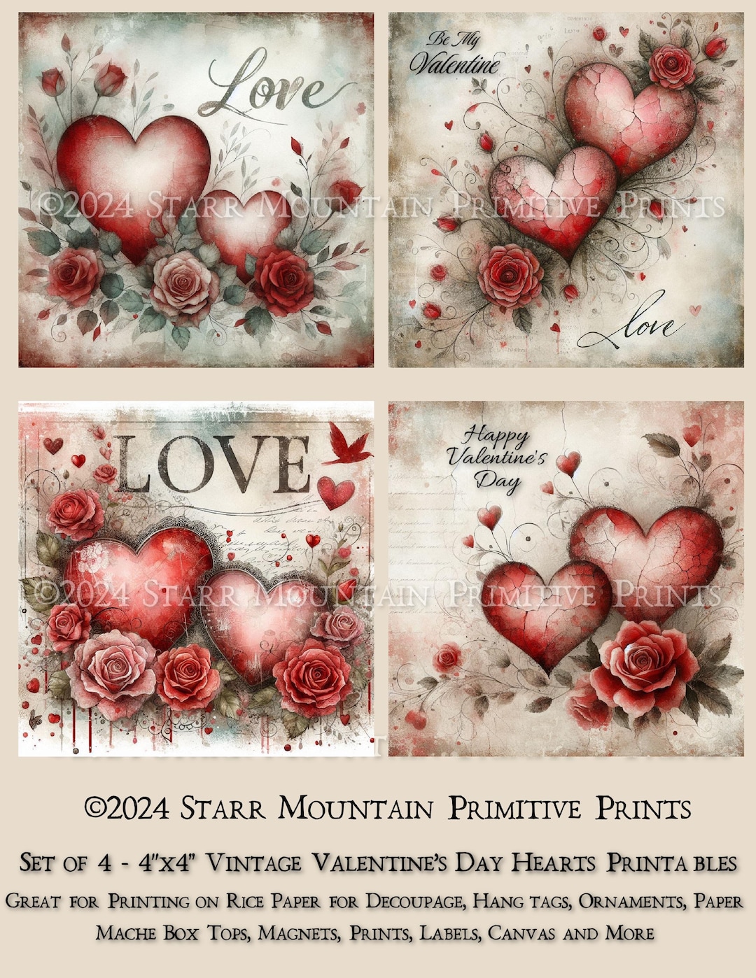 Primitive Farmhouse Valentine's Day Hearts Roses Love Set 4, 4x4 ...