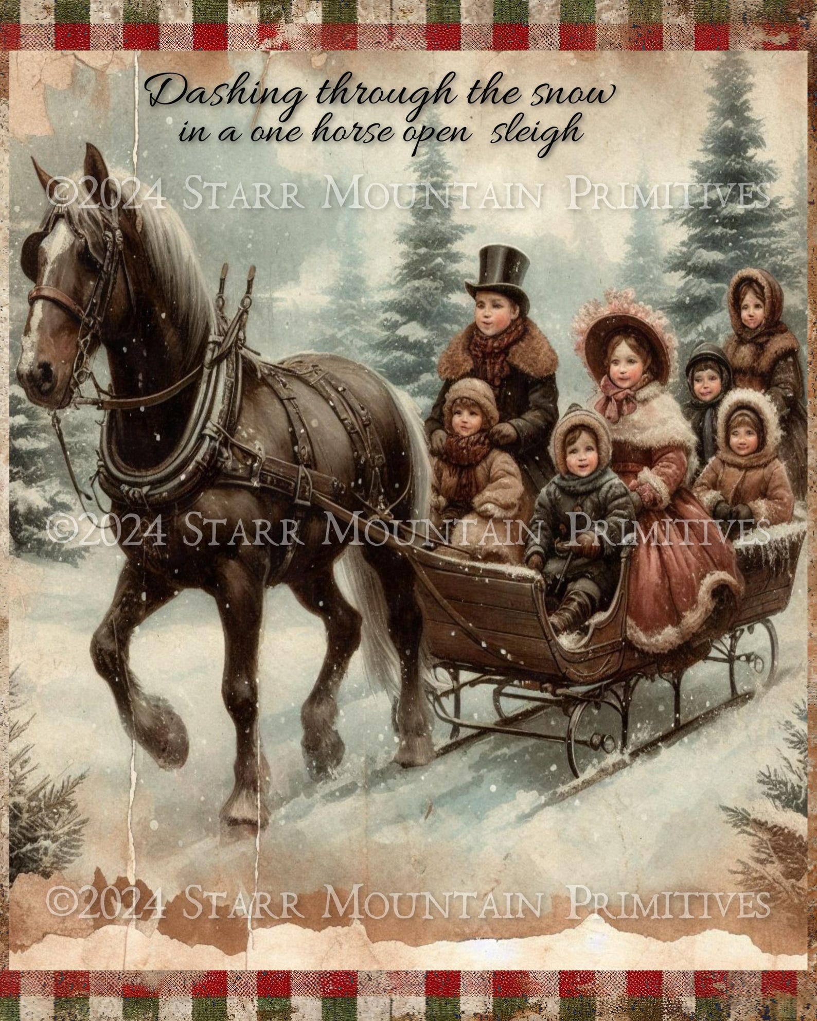 Primitive Victorian Children in Horse Drawn Sleigh Dashing Through the ...