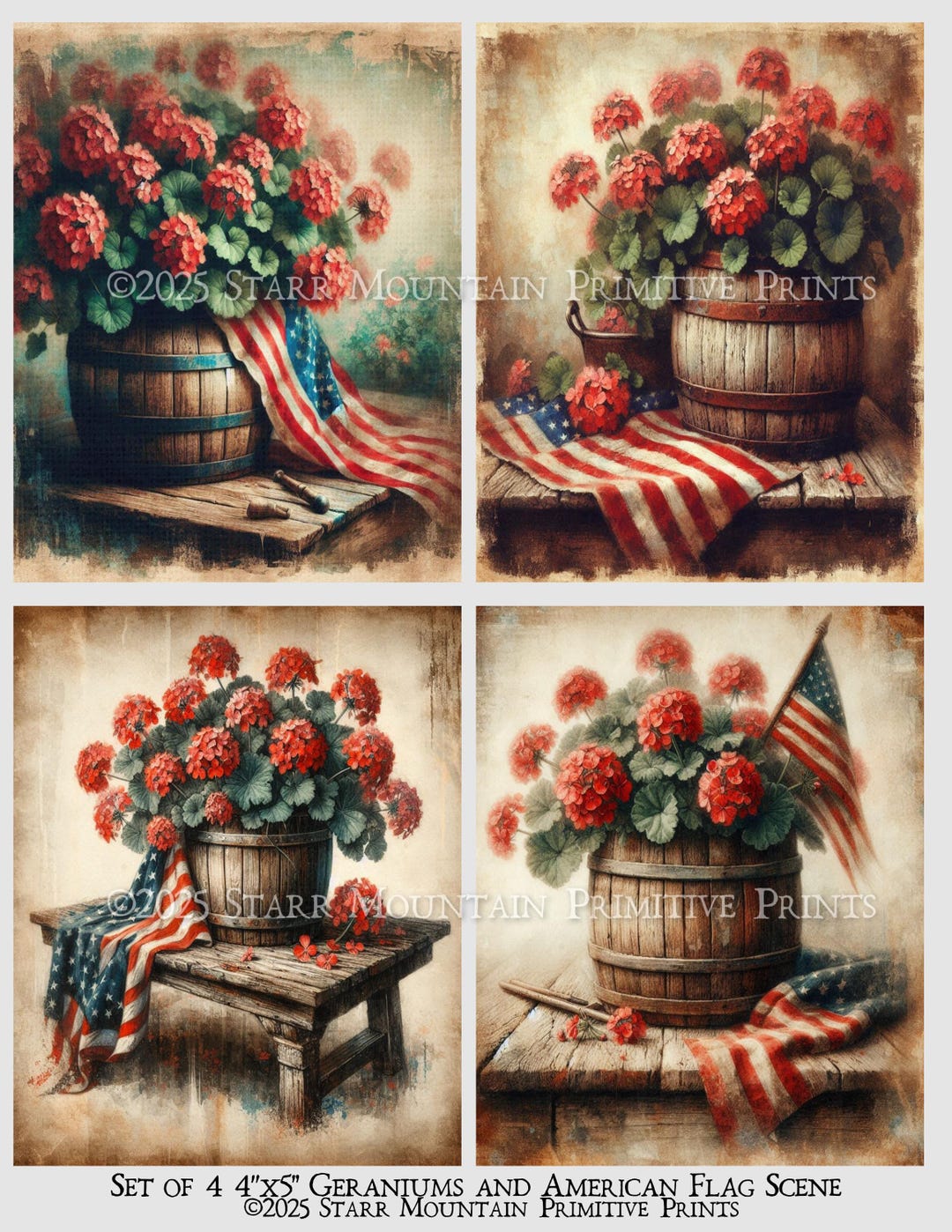 Primitive Farmhouse Patriotic Summer Americana American Flag Geraniums ...