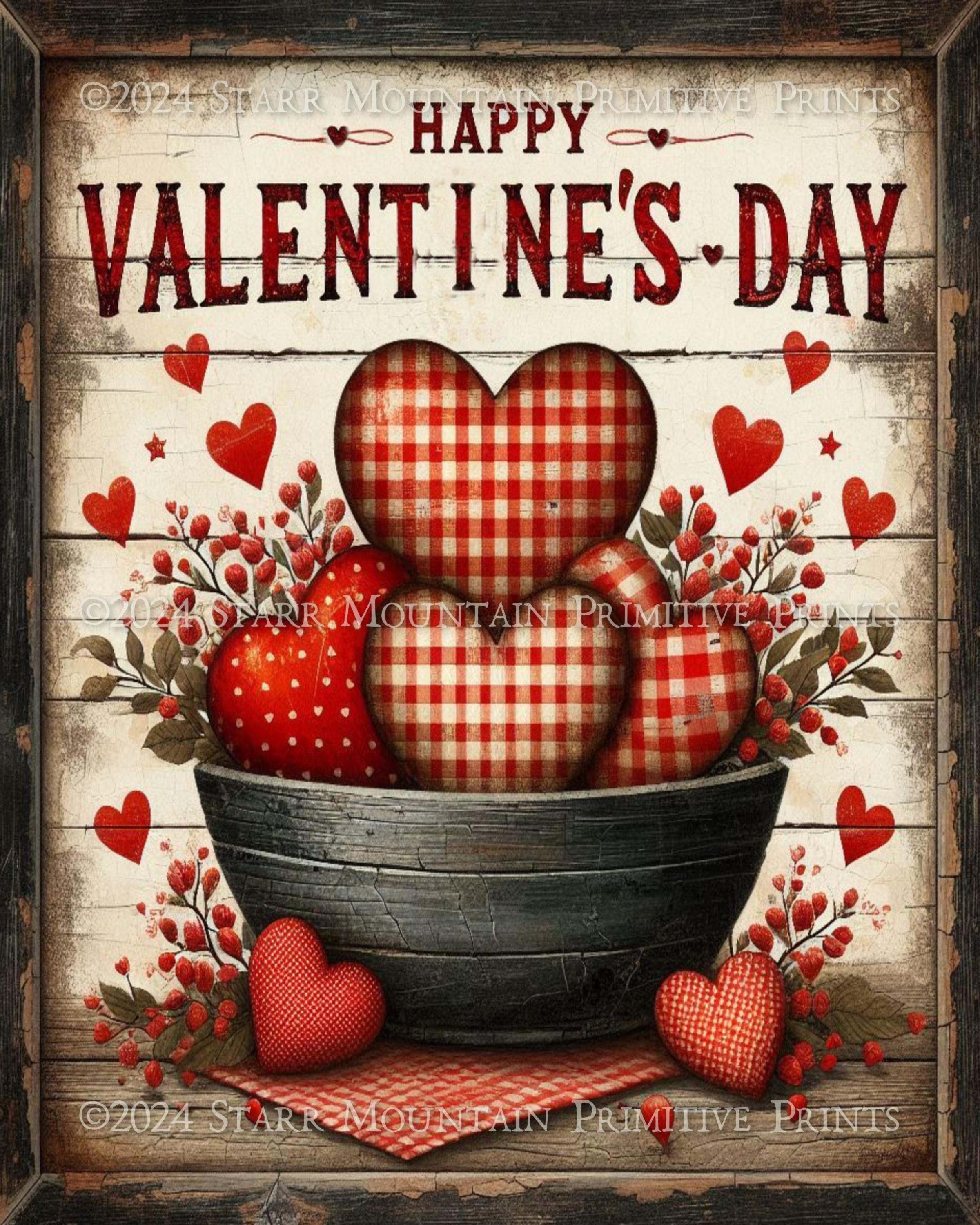 Primitive Farmhouse Valentine's Day Plaid Hearts Wood Bowl 8x10 Digital ...