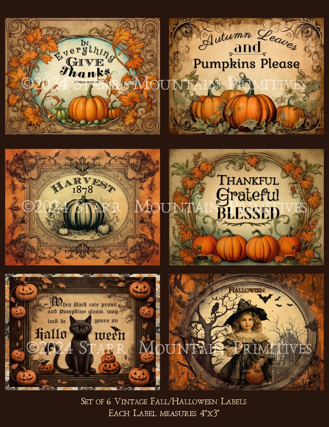 Primitive Vintage Style Fall Autumn Halloween Pumpkins Black Cat Witch ...