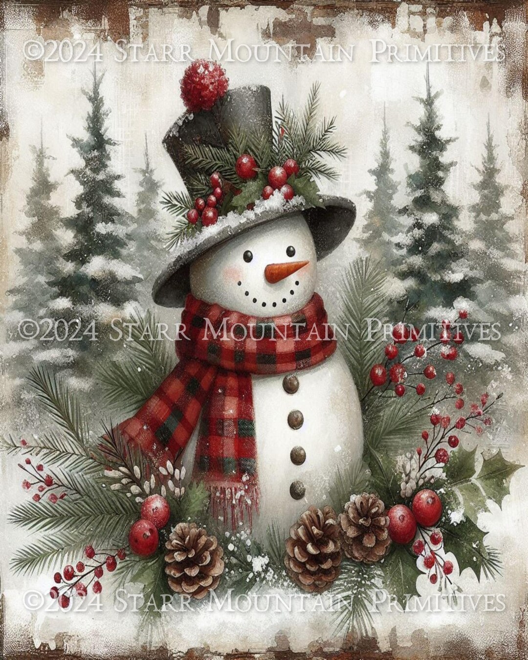 Primitive Farmhouse Snowman Christmas Snow Greenery Printable Jpeg ...