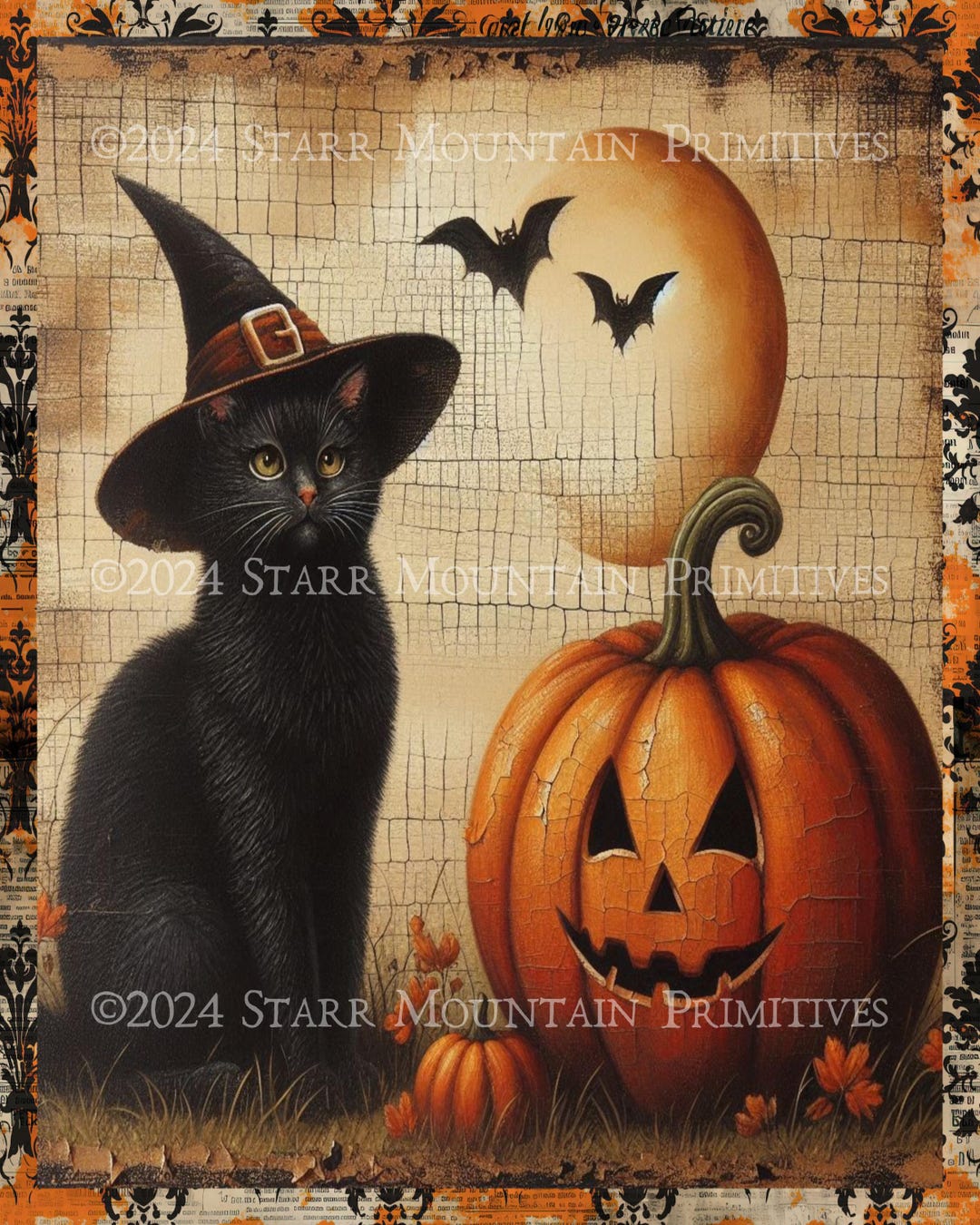 Primitive Halloween Black Cat Witch Hat Jack O Lantern Pumpkin JOL ...