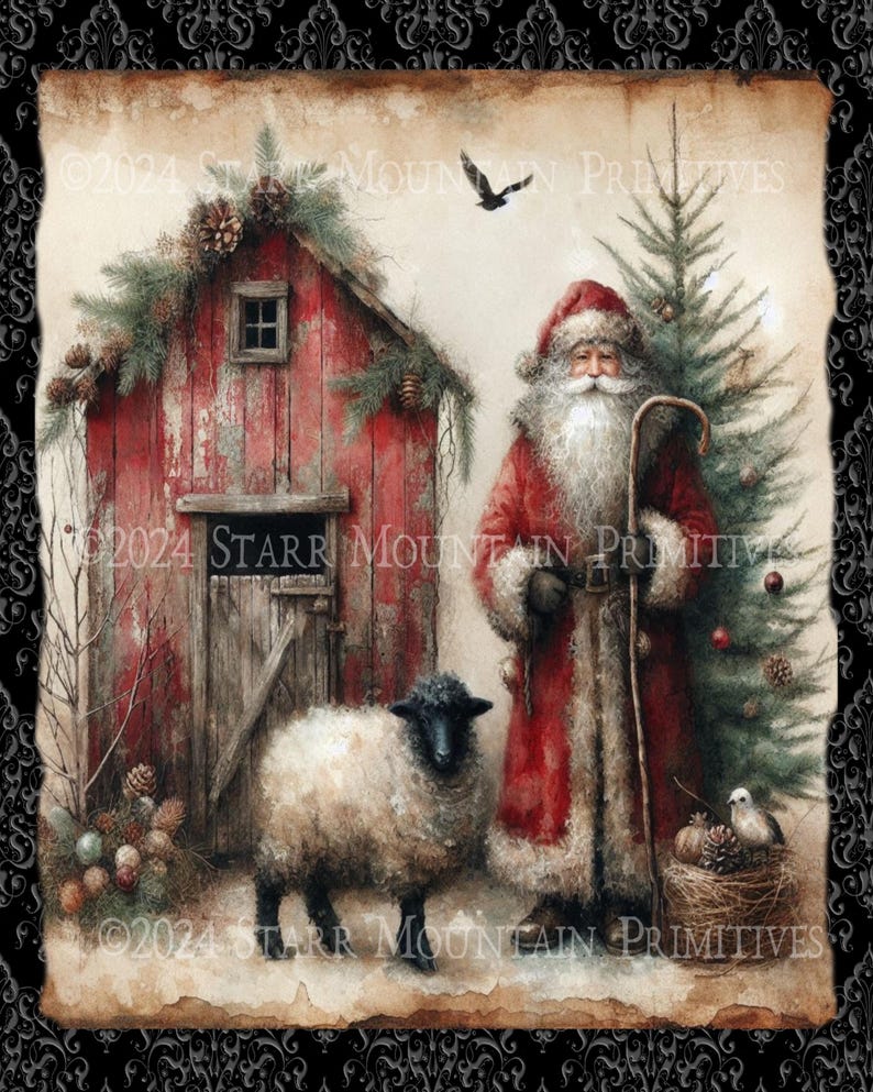 Primitive Farmhouse Grungy Old World Santa Claus Christmas Sheep Barn ...
