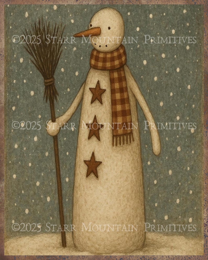 8x10 Primitive Folk Art Christmas Winter Snowman Broom Rusty Stars ...
