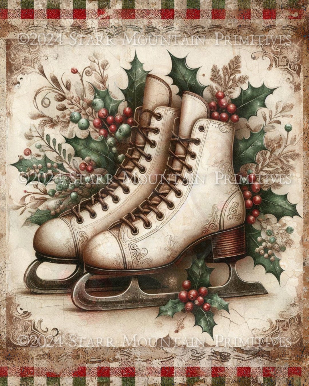 Primitive Victorian Ice Skates Holly Berries Printable Jpeg Digital ...