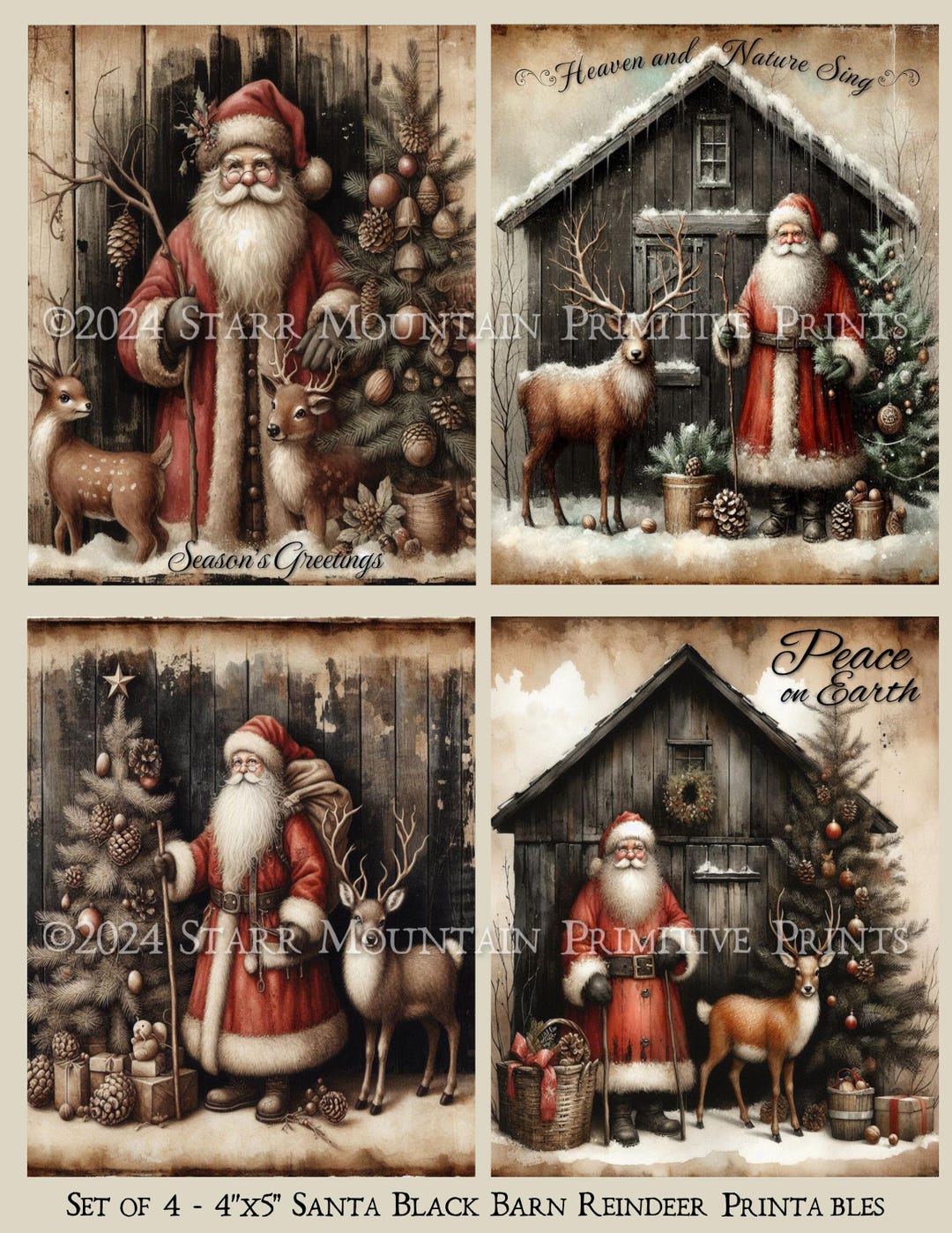 Primitive Farmhouse Christmas Santa Claus Barn Reindeer Set of 4 4x5 ...