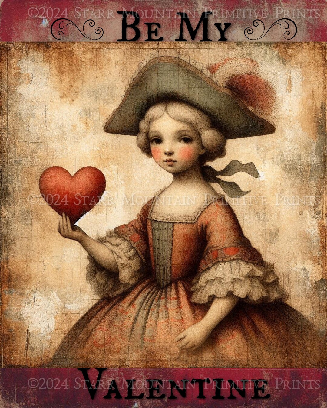 Primitive Folk Art Colonial Girl Valentine's Day Heart 8x10 Digital ...