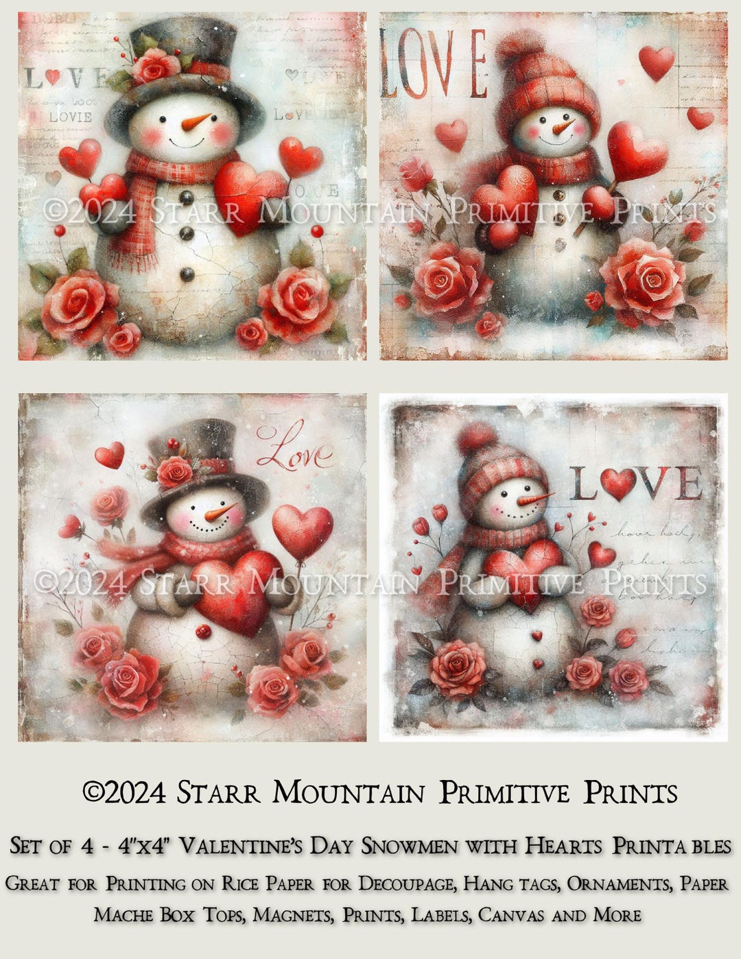 Valentine's Day Snowman With Hearts Roses Love Set 4, 4x4 Digital Image ...