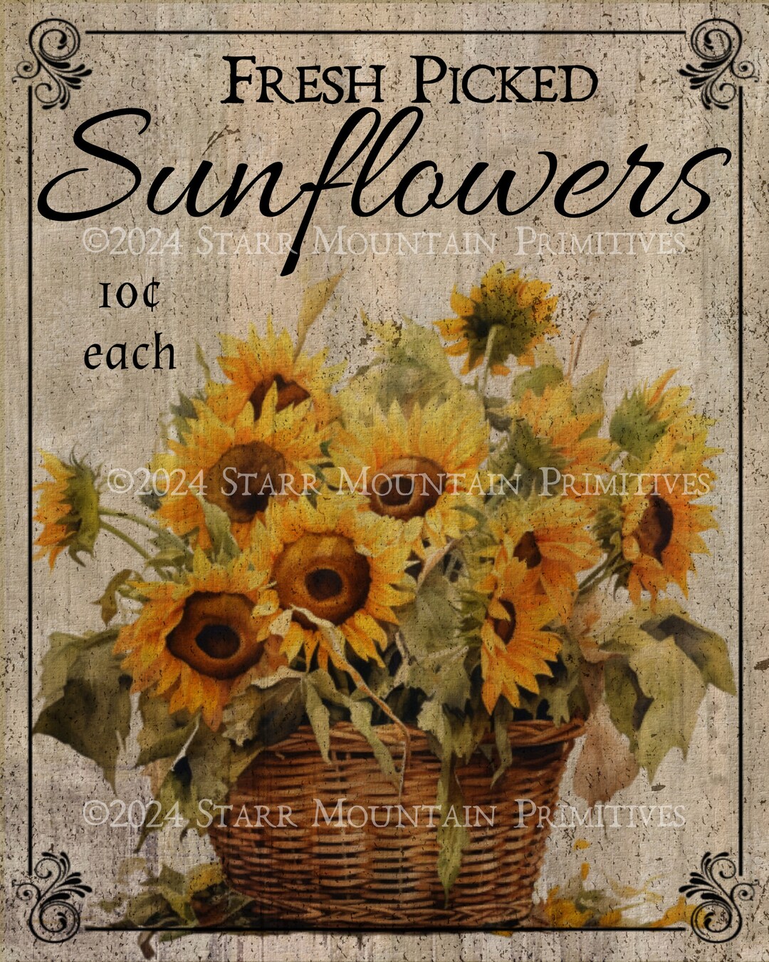 Primitive Fresh Picked Sunflowers Sunflower Flowers Printable Jpeg 300 ...