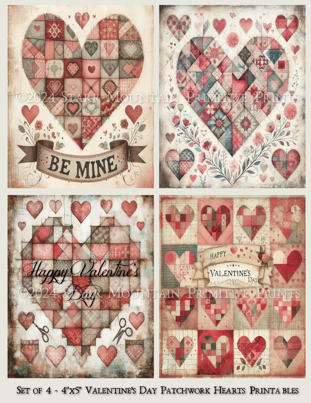 Primitive Valentines Day Patchwork Hearts Be Mine Set 4 4x5 Digital ...