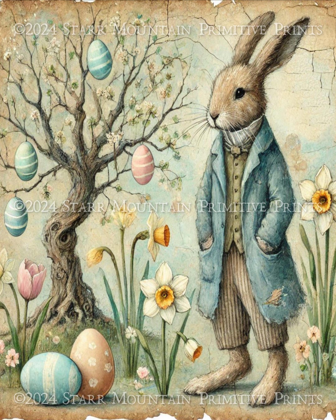 Primitive Farmhouse Vintage Hare Bunny Rabbit Eggs Printable Jpeg ...