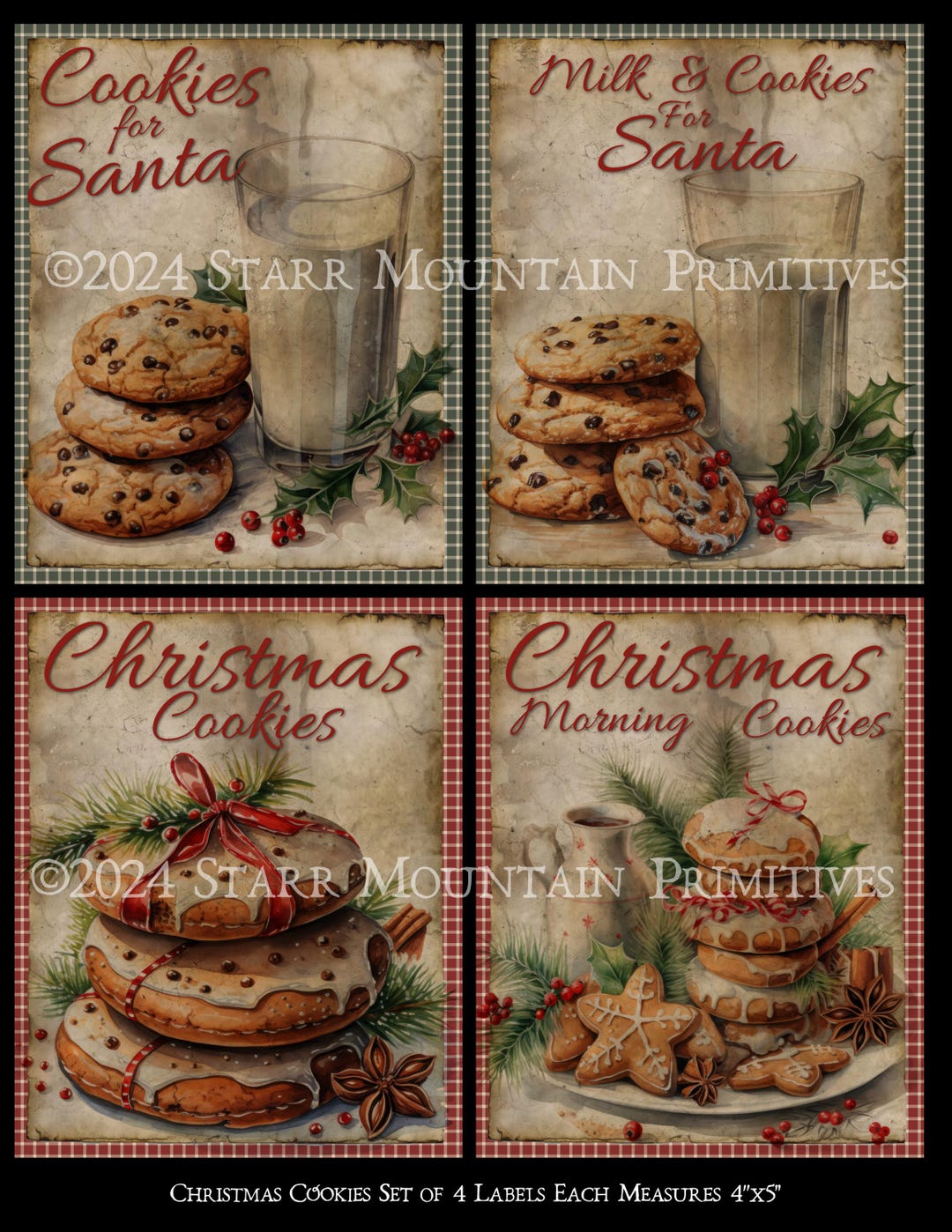 Primitive Vintage Christmas Cookies and Milk for Santa Gingerbread Set ...