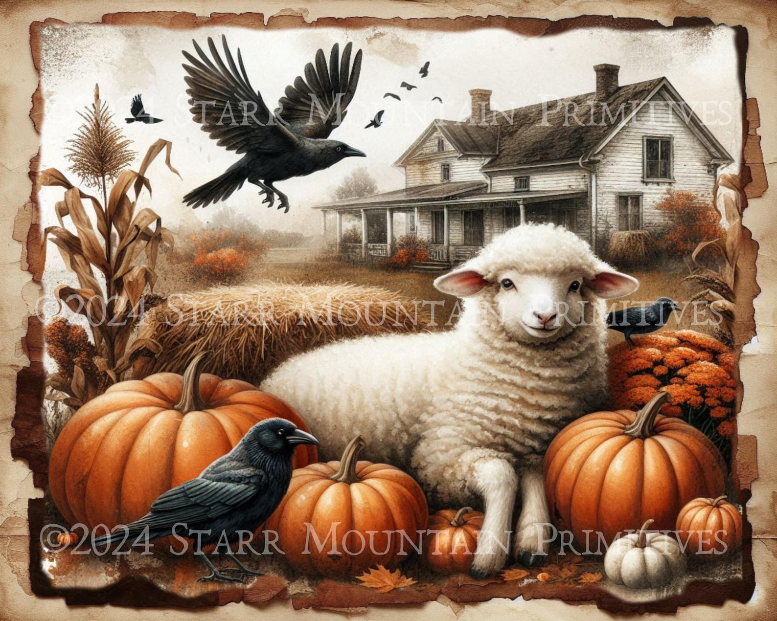 Primitive Autumn Sheep Crow Fall Pumpkins Cornstalks Farmhouse Hay Bale ...