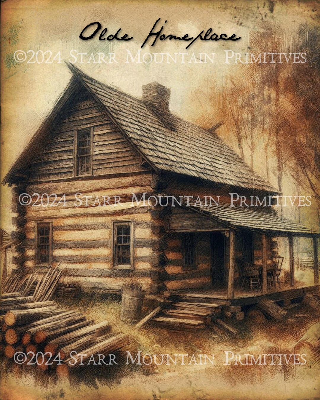 Primitive Historic Antique Log Cabin Sepia Print Olde Homestead Label ...