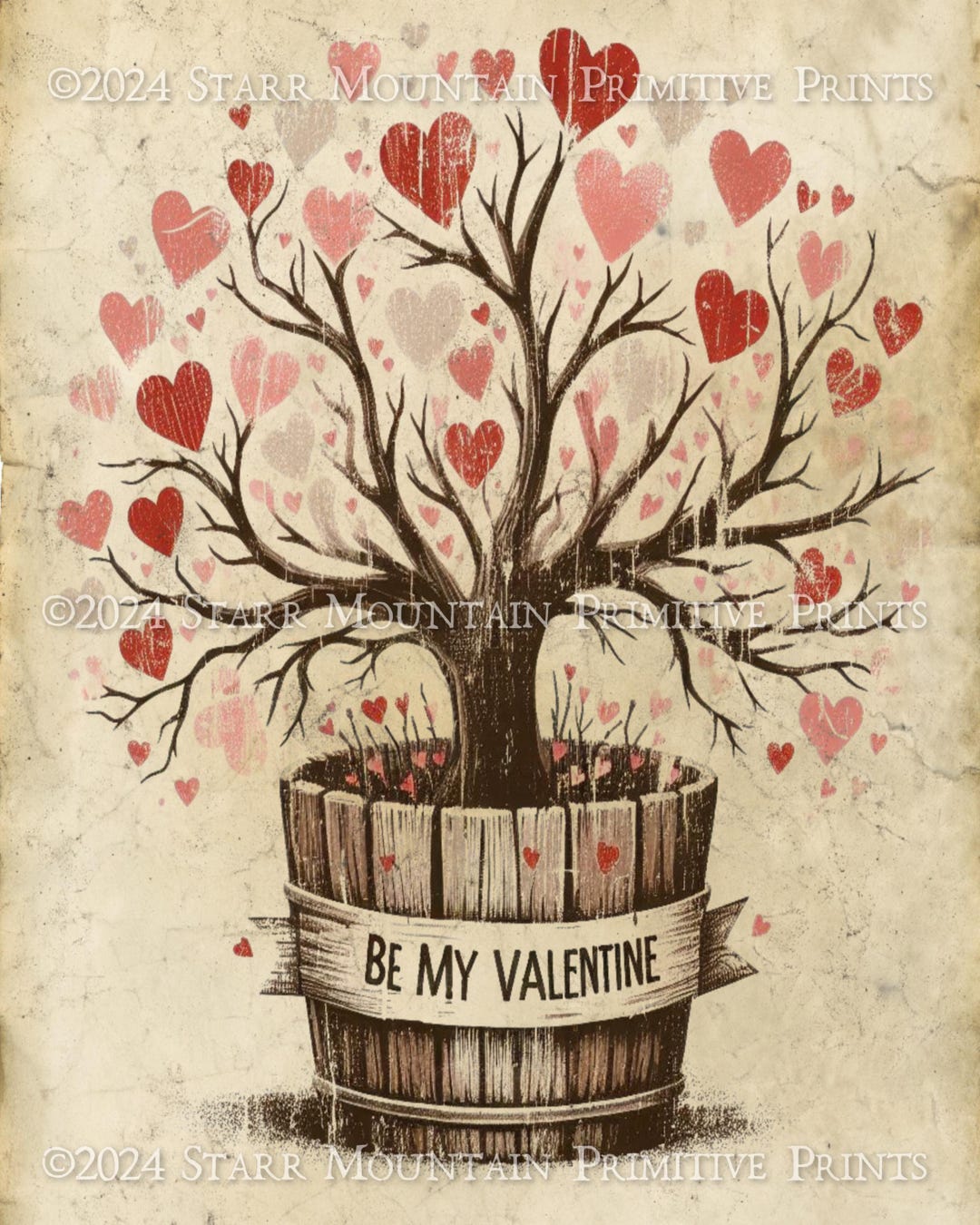 Primitive Folk Art Valentine's Day Hearts Tree Wooden Crate 8x10 ...
