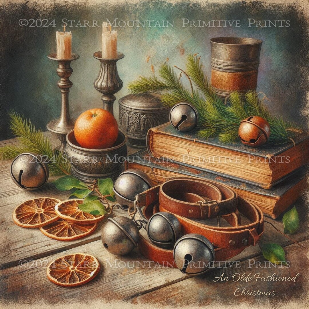 Primitive Printable Still Life Oil Painting Christmas Sleigh Bells ...