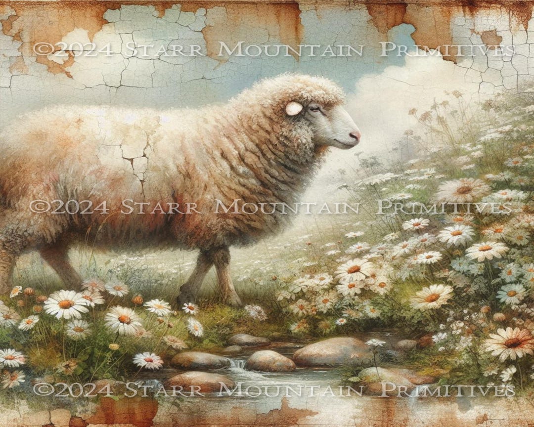 Primitive Farmhouse Sheep Field of Daisies Daisy Printable Painting ...