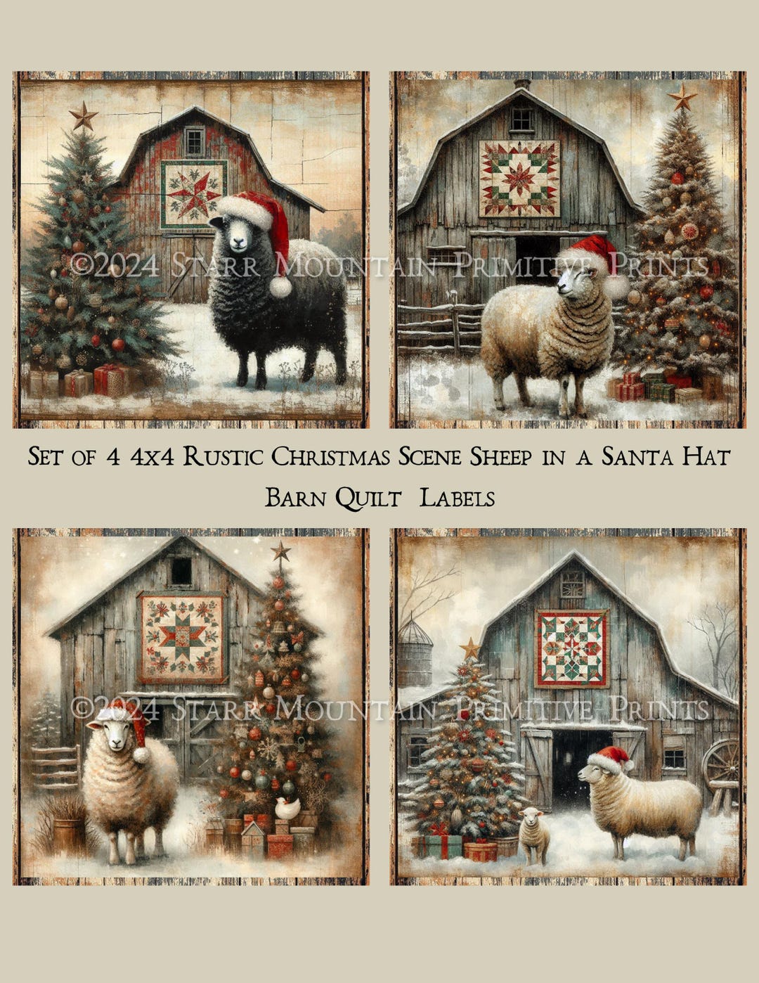 Primitive Farmhouse Winter Christmas Sheep Santa Hat Barn Quilt Set 4 ...