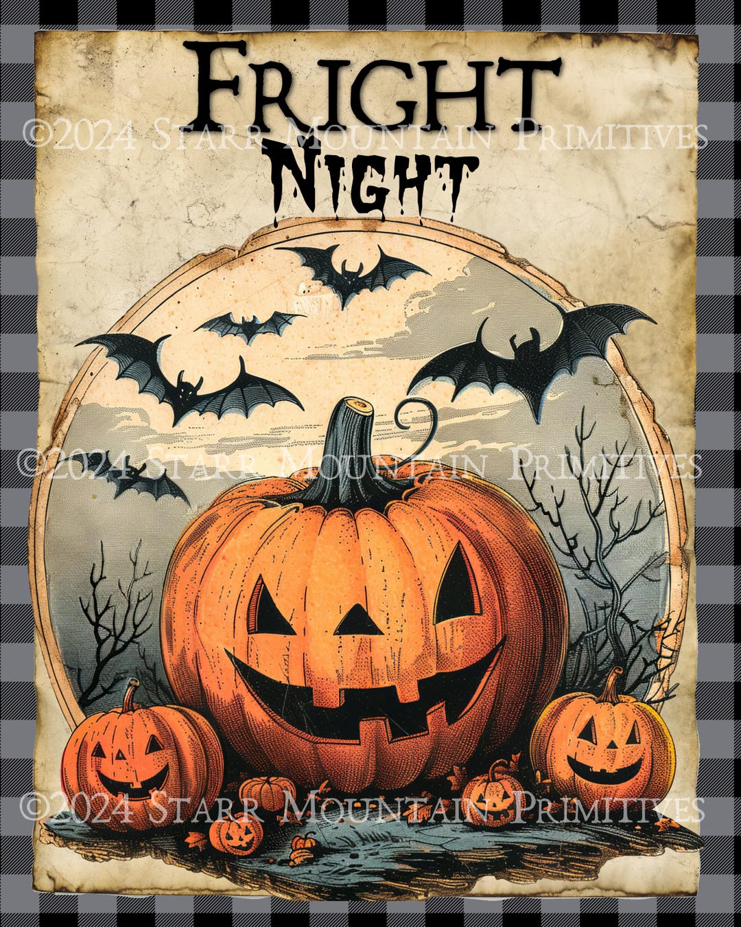 Primitive Grungy Halloween Fright Night Jack O Lantern Bat JOL ...